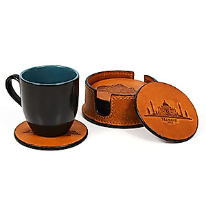 Leather Coasters for Drinks Set of 6 with Holder-Protect Your Furniture from Stains (Walnut)
