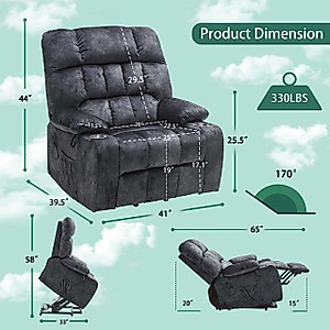 PUG258Y Lift Chair for Big and Tall Person with Inconvenient Legs: 9688 High Density Foam Lift Sofa with Heat and Massage, 2 Pockets, 2 Cup Holder, 2 Remote, OKIN Motor, Fabric - Granite Black