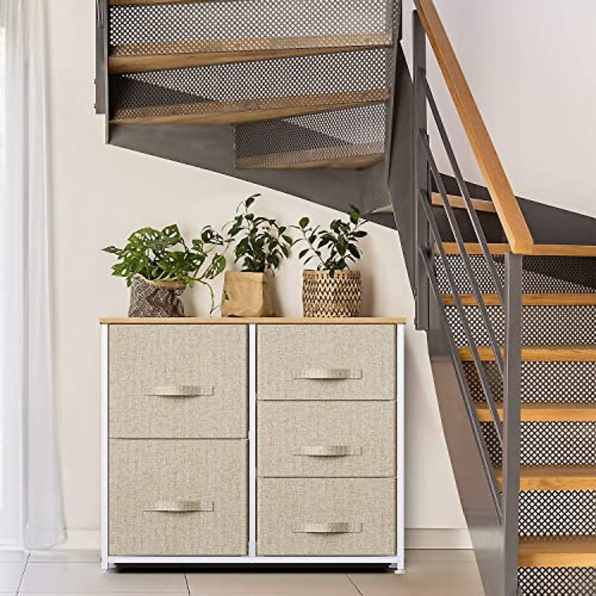 Pipishell Fabric Dresser with 5 Drawers, Wide Dresser Storage Tower, Organizer Unit with Wood Top and Easy Pull Handle for Closets, Living Room, Nursery Room, Hallway