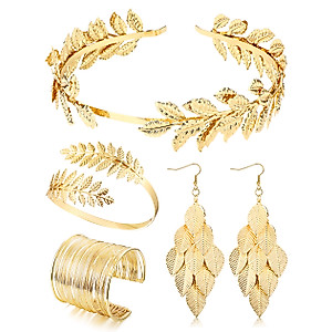 Jstyle Grecian Goddess Costume Accessories Set for Women Leaf Headband Coil Upper Arm Bracelet Dangle Earrings for Wedding Toga Party
