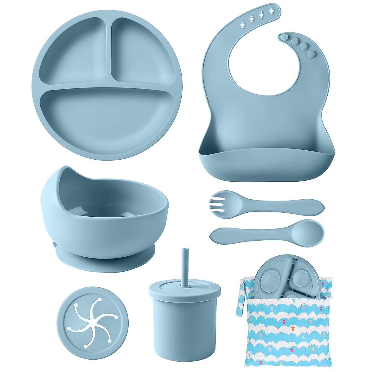 ECLIP Silicone Baby Feeding Set, 10 Pcs Baby Led Weaning Supplies with Suction Bowl Divided Plate Adjustable Bib Soft Spoon Fork Snack Cup with Lid Drinking Cup, Utensil (Blue)