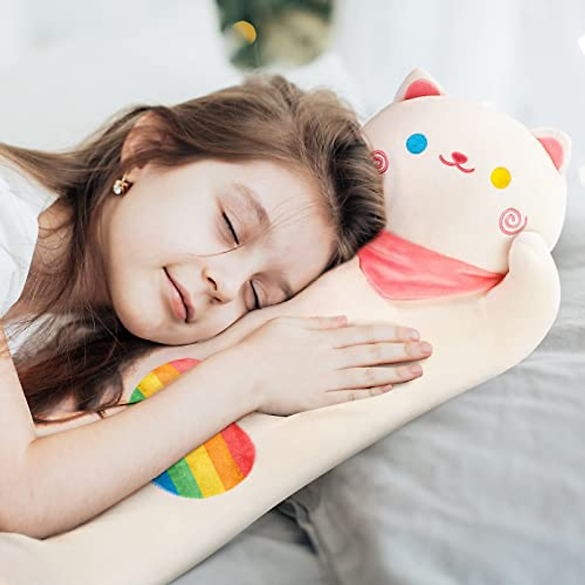 Mewaii Rainbow Cat Plush Body Pillow - 25" Rainbow Cat Stuffed Animals Squishy Pillow, Cute Plushies Cuddle Pillow for Kids, Long Cat Pillow Plush Toys, Birthday Gifts for Women, Girls and Males