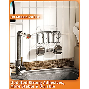 SWTYMIKI Sink Sponge Holder With Double Hook, Stainless Steel Sink Caddy Kitchen Sink Organizer Multifunctional Rustproof Kitchen Sponge Holder for Kitchen Sink Accessories, Silver