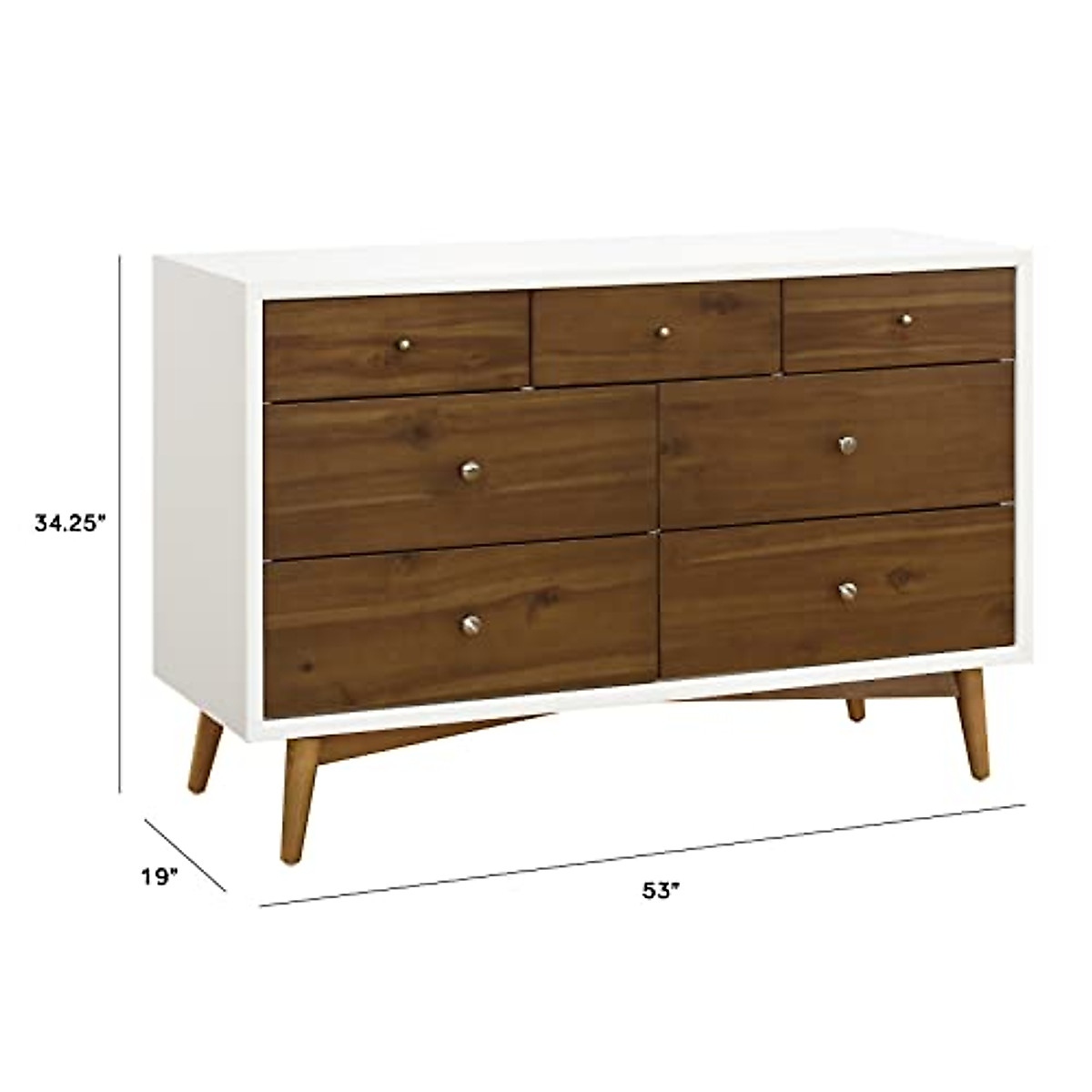 babyletto Palma 7-Drawer Assembled Double Dresser in White and Natural Walnut, Greenguard Gold Certified