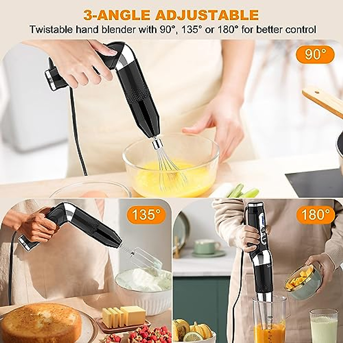 4-in-1 Immersion Hand Blender: 3-Angle Adjustable with Variable 21-Speed Control, Powerful Hand Blender Electric for Milkshakes | Smoothies | Soup| Puree | Baby Food (White)
