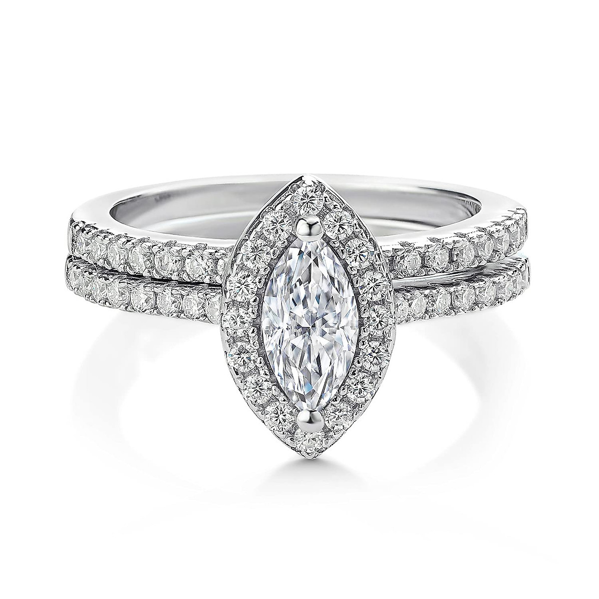 Gem Stone King 925 Sterling Silver White Moissanite Wedding Engagement Ring Band Bridal Set For Women (1.02 Cttw, Marquise Cut 8X4MM, Available in Size 5,6,7,8,9)