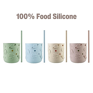 PandaEar 4 Pack Kids & Toddler Glass Cups, Glass Mason Jar Cups 8.45 oz with Silicone Sleeves & Straws, Toddler Spill-Proof Smoothie Cups