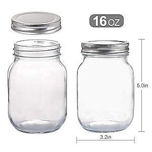 Glass Regular Mouth Mason Jars, 16 oz Clear Glass Jars with Silver Metal Lids for Sealing, Canning Jars for Food Storage, Overnight Oats, Dry Food, Snacks, Candies, DIY Projects (4PACK)