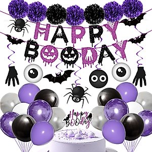 Halloween Birthday Party Decorations Balloon Banner Paper Pompom Cake Topper Hanging Swirl for Halloween Happy Boo Day Party Supplies