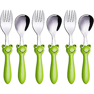 ANNOVA Kids Silverware 6 Pieces Set Children's Flatware - Stainless Steel Cutlery - 3 x Safe Forks, 3 x Dinner Spoons - Safe Toddler Utensils Without Knives for Lunch Box BPA Free (Frog x 6 PCS)