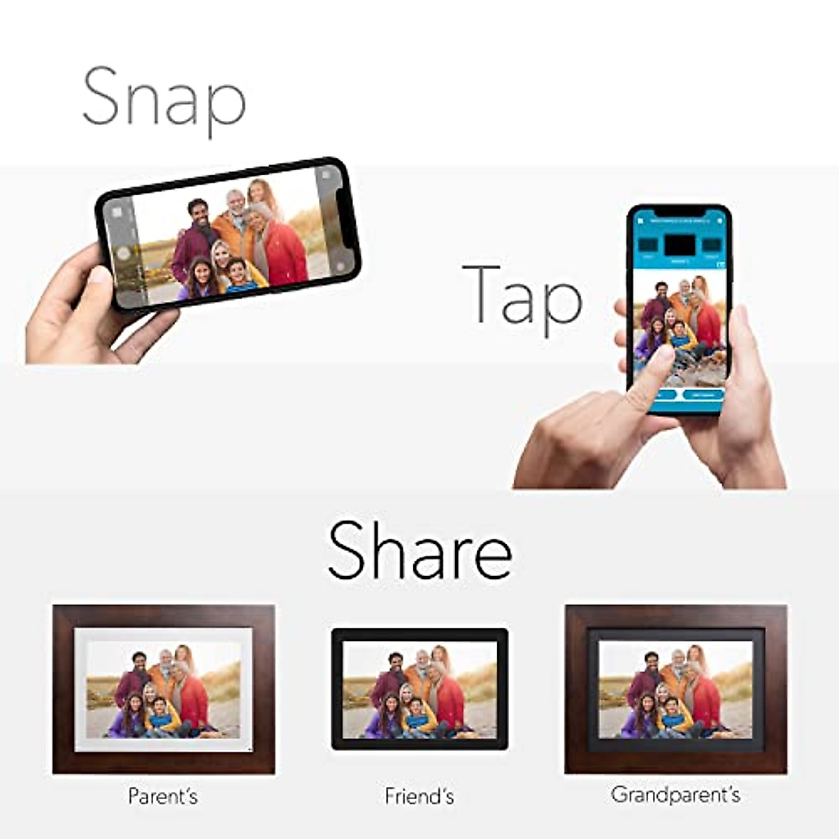 Brookstone PhotoShare 8” Smart Digital Picture Frame, Send Pics from Phone to Frames, WiFi, 8 GB, Holds 5,000+ Pics, HD Touchscreen, Premium Espresso Wood, Easy Setup, No Fees