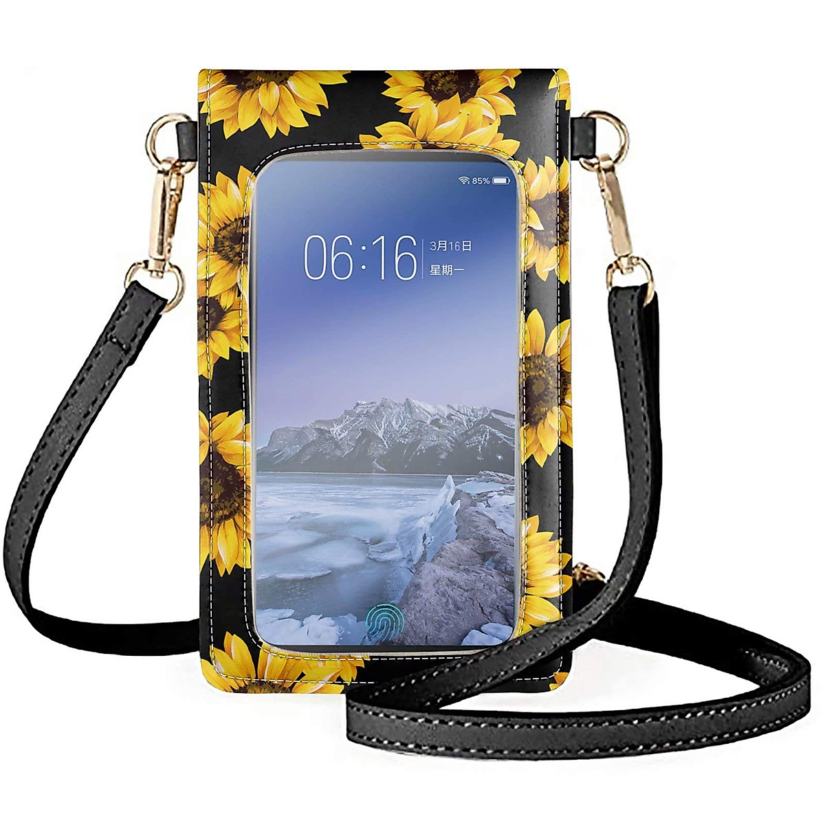 Freewander Womens PU Leather Wallet with Sunflower Print Touch Screen Purse Casual Travel Mini Cellphone Shoulder Bags Small Crossbody Pouch