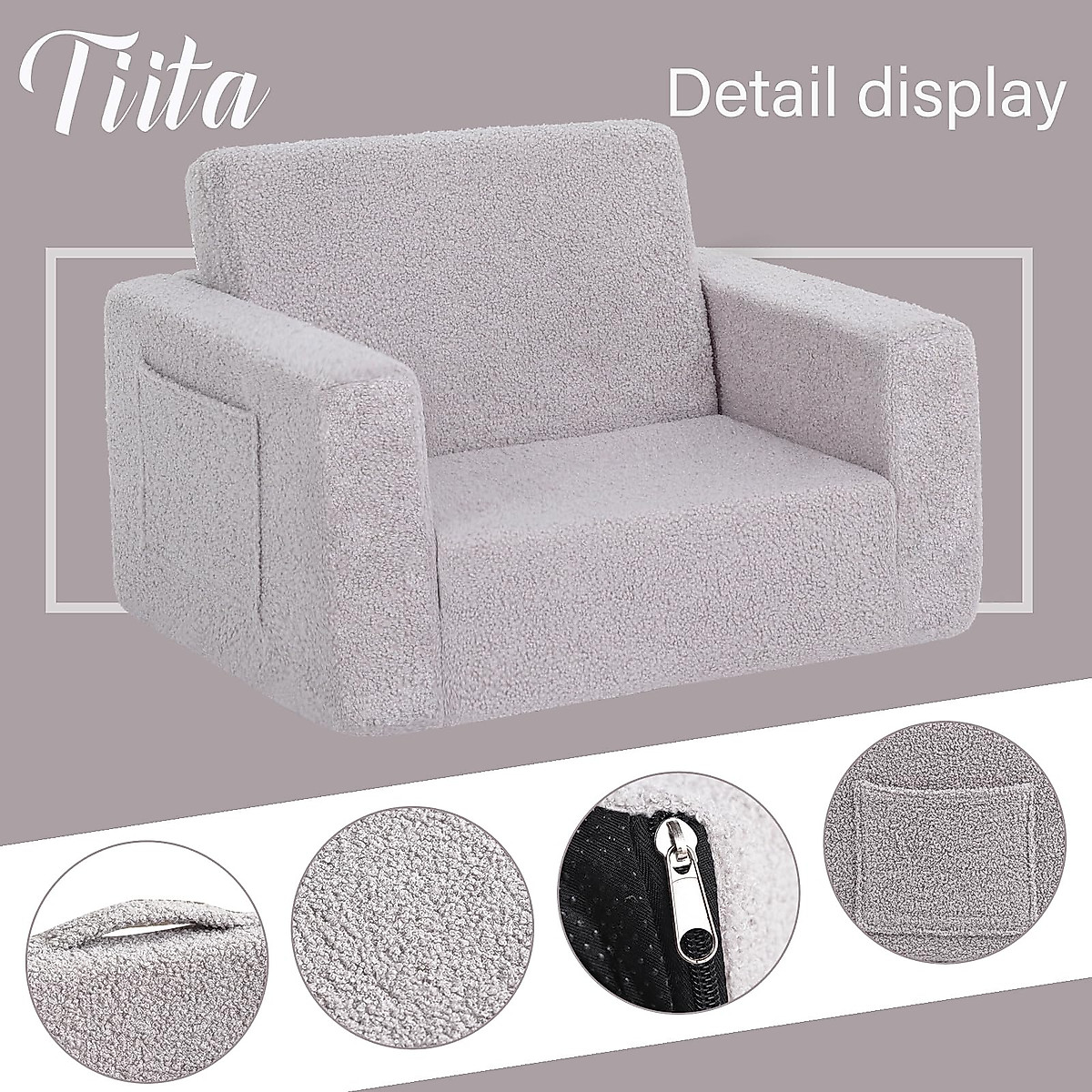 Tiita Kids Sofa, 2-in-1 Kids Sofa Chair, Convertible Children Couch to Lounger, Flip Out Kids Sofa Chair, Toddler Armrest Chair Bed, Folding Kids Play Sofa for Girl or Boy (Grey)