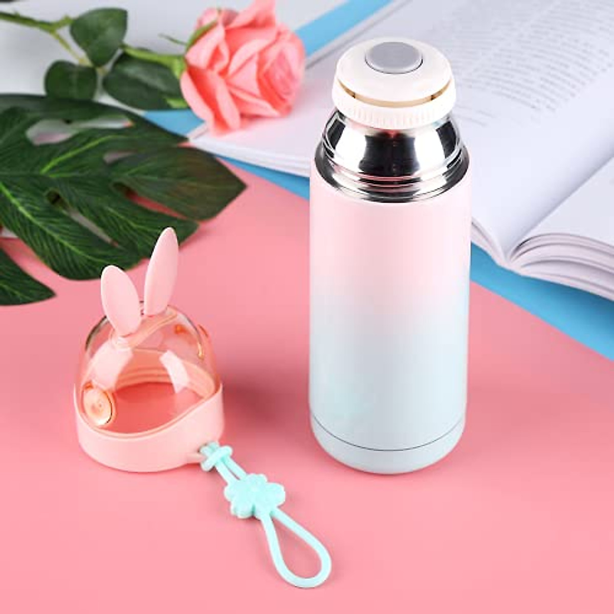Fdit 350ML Cute Rabbit Cartoon Kids Vacuum Insulated Mug Stainless Steel Hot Water Bottle Travel Mug(Pink + Green)