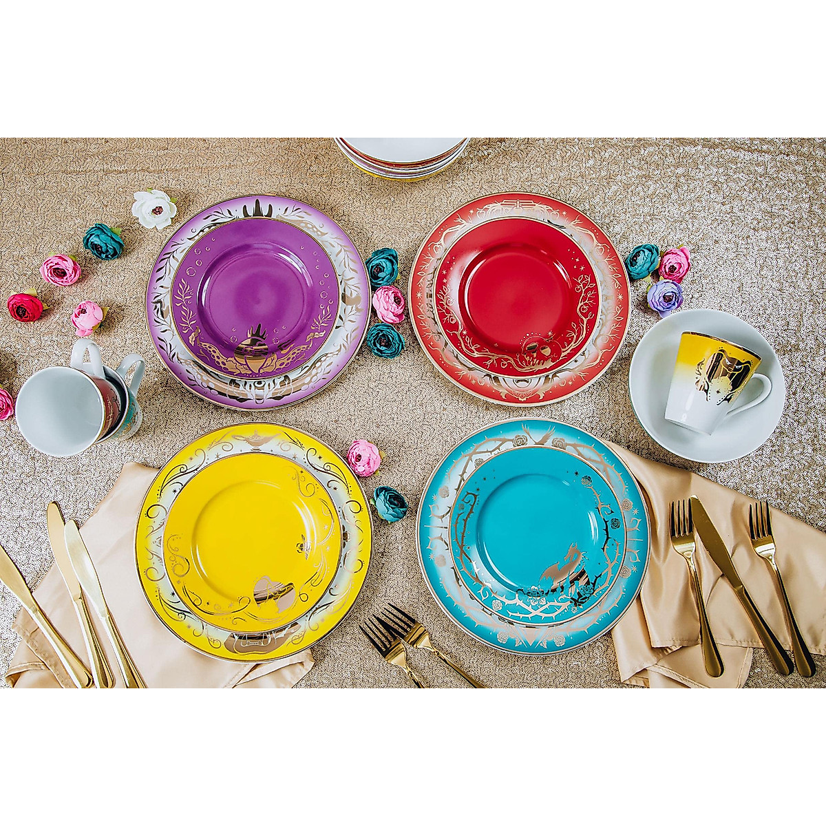 Disney Villains 16-Piece Ceramic Dinnerware Set, Maleficent, Evil Queen, Jafar, Ursula, Multicolor