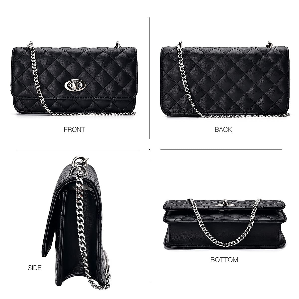 GM LIKKIE Clutch Purse for Women, Evening Envelope Quilted Wallet Bag, Crossbody Foldover Pearl Wedding Shoulder Handbag (Black)