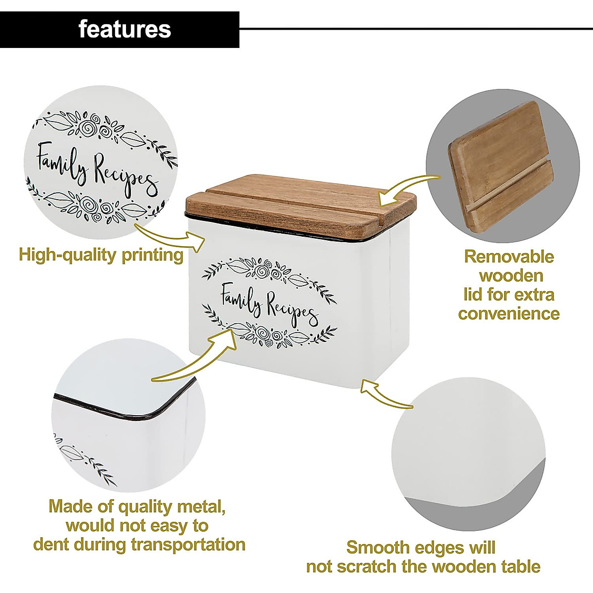 NIKKY HOME 4x6 Kitchen Metal Family Recipe Organization Box with 24 Cards and 8 Dividers, White