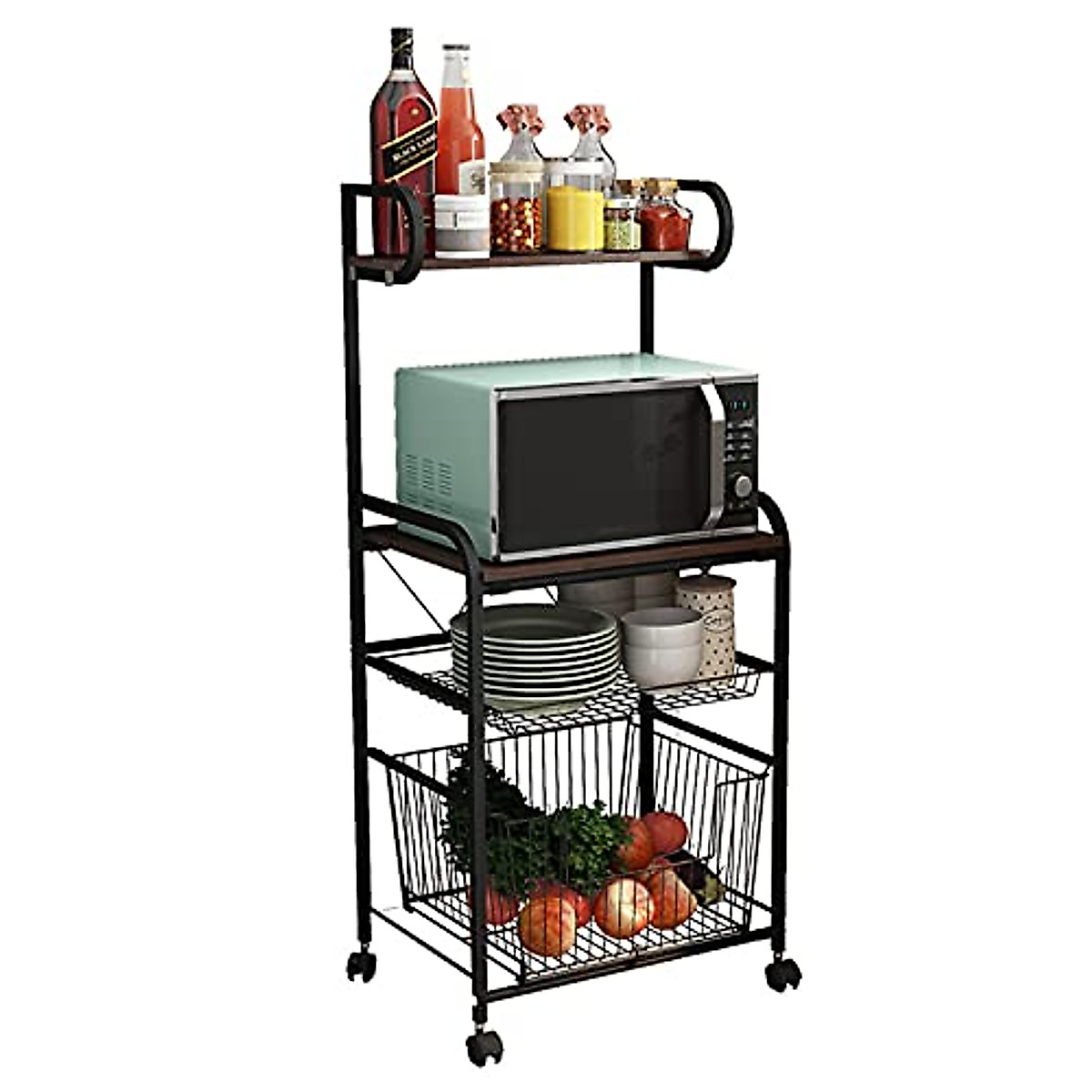 Gdrasuya10 Kitchen Baker's Rack Microwave Stand Cart on Wheels 4 Tier Shelves with Large Metal Baskets Utility Storage Shelf Rolling Cart Fruit Vegetable Kitchen Organizer Rack