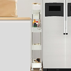 VECELO Storage Rolling Cart, 4 Tier Utility Cart Kitchen Slim Mobile Storage Unit Organizers with Wheels Hooks&Hanging Cups for Bedroom Bathroom Office Table Side in Narrow Places, White