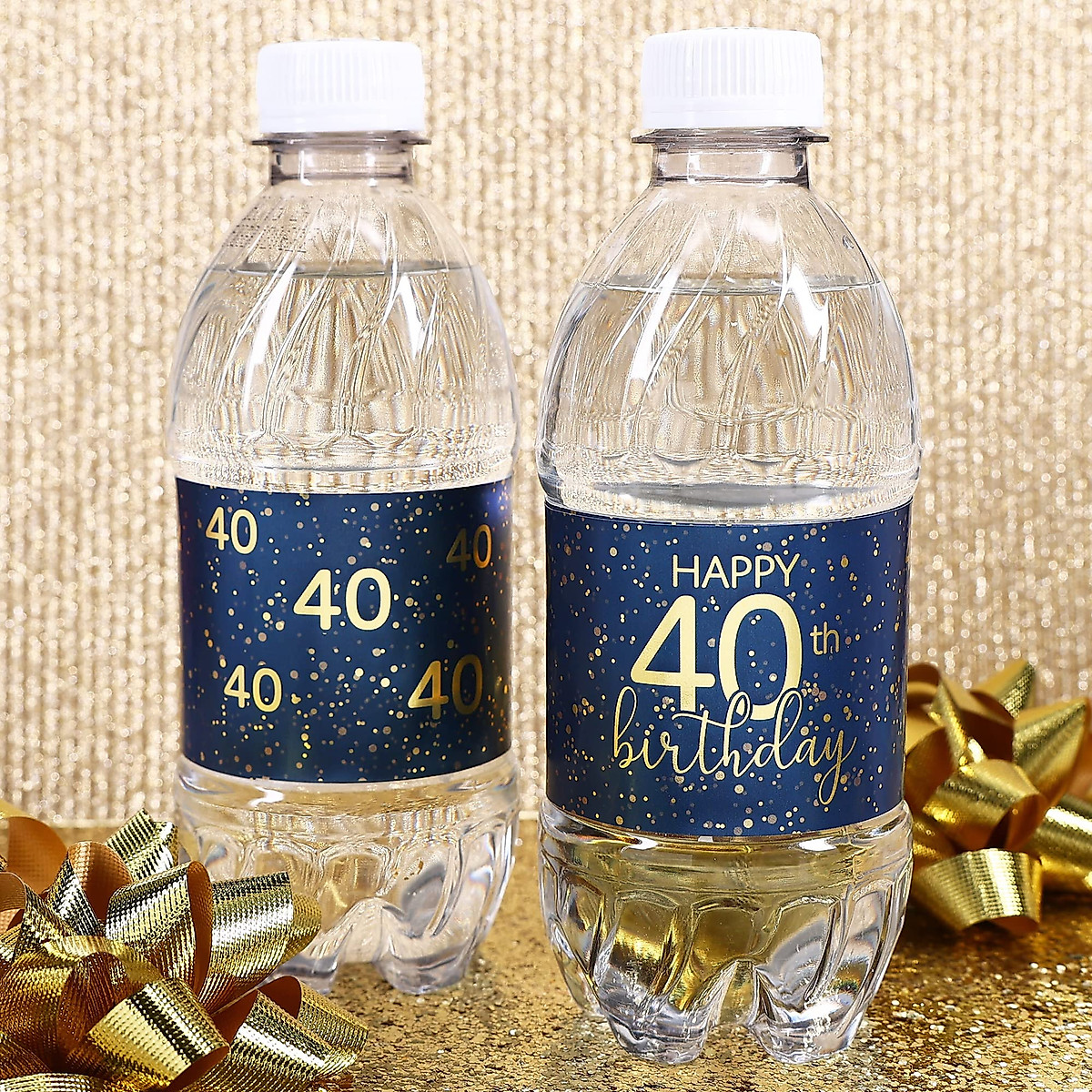 Navy Blue and Gold 40th Birthday Party Water Bottle Labels - 24 Waterproof Stickers