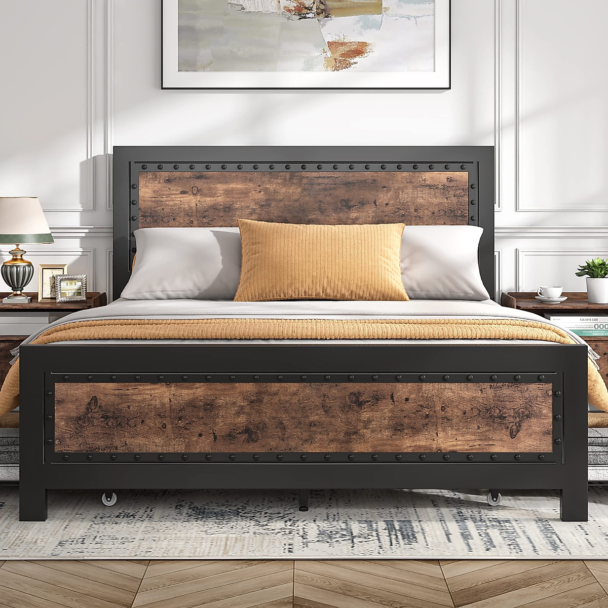 Keyluv Queen Bed Frame with 4 Storage Drawers, Rivet Modern Headboard and Footboard Platform Bed with Solid Wood Slats Support, No Box Spring Needed, Metal, Mattress Foundation Noise-Free