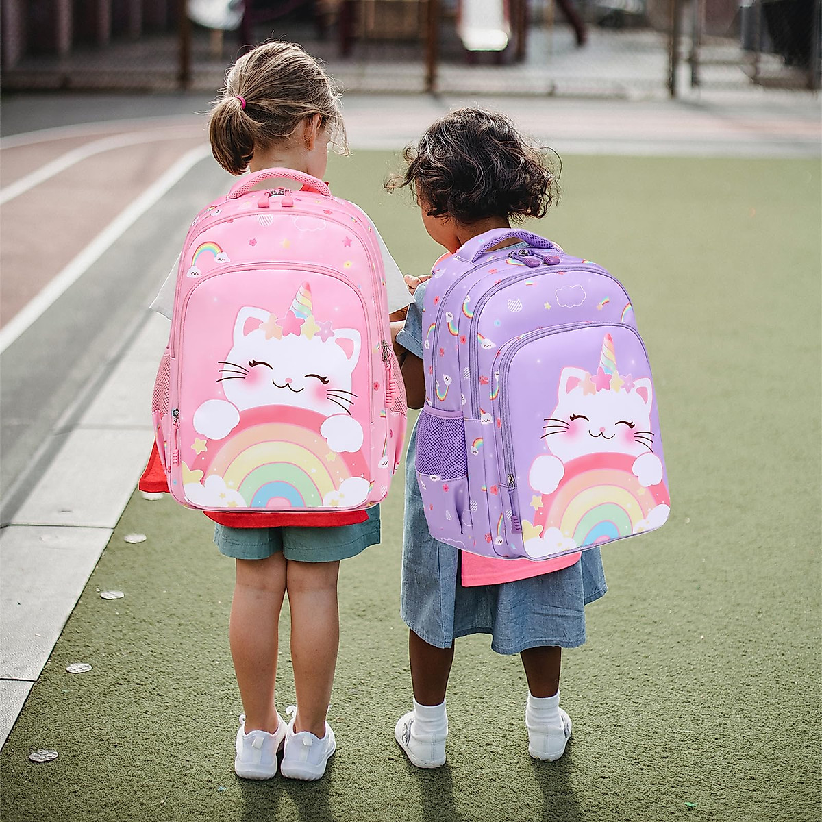 Girls Backpack with Lunch Bag Set, 3PCS Pink Unicorn Cat School Backpack with Pencil Case Large Capacity School Bookbags with Chest Strap for Preschool Kindergarten Elementary Girls