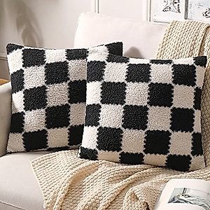 Fluffy Cesthetic Throw Pillow Covers Pack of 2 Cute Decorative Pillows Checkerboard Pattern Cushion Case Super Soft Faux Fur Wool Pillowcases for Couch Bedroom 16"*16" Black and White