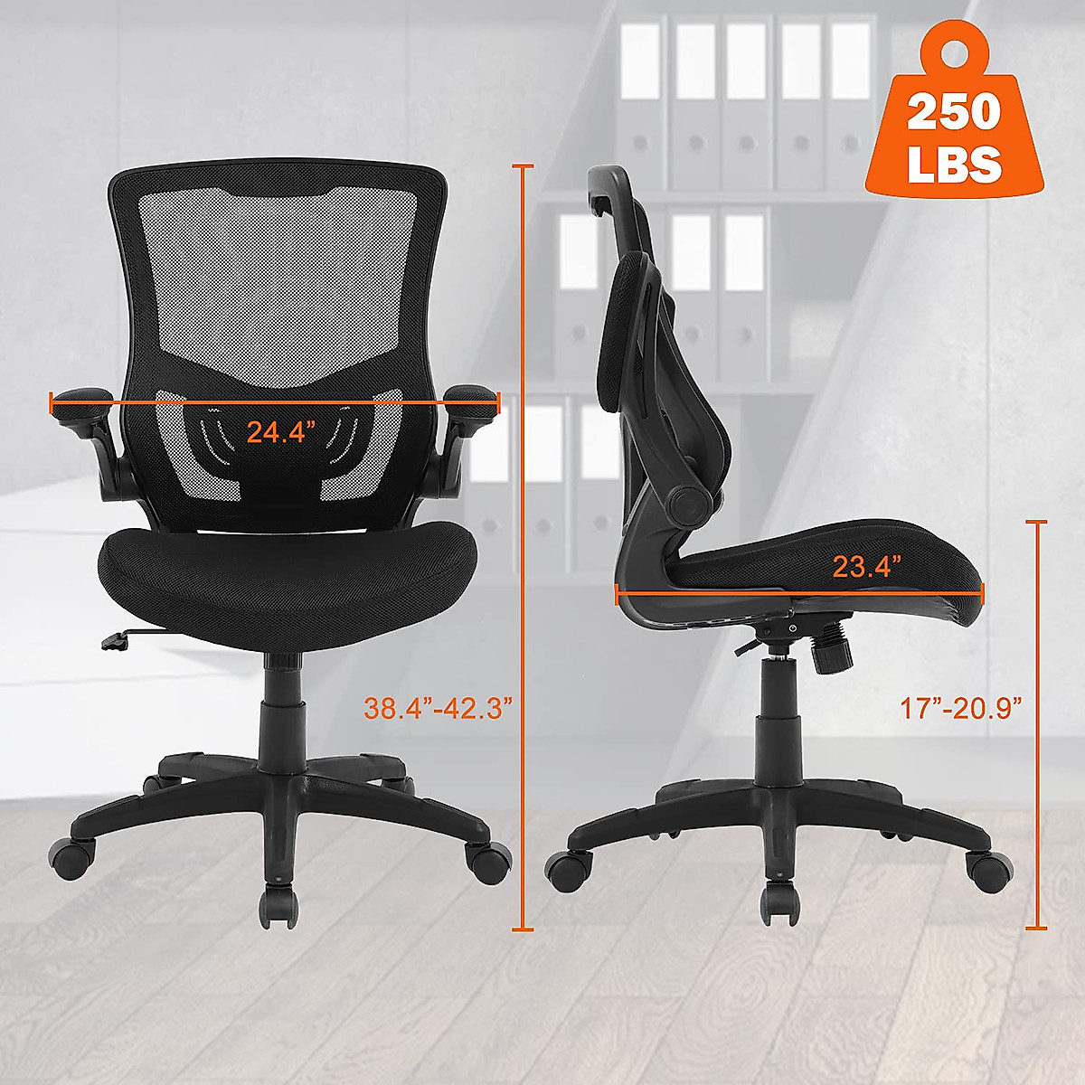 Home Office Chair Ergonomic Desk Chair,Mesh Computer Chair with Flip Up Arms,Adjustable Lumbar Support Swivel Rolling Executive Mid Back,Modern Task Chair for Adult Conference Room,Black