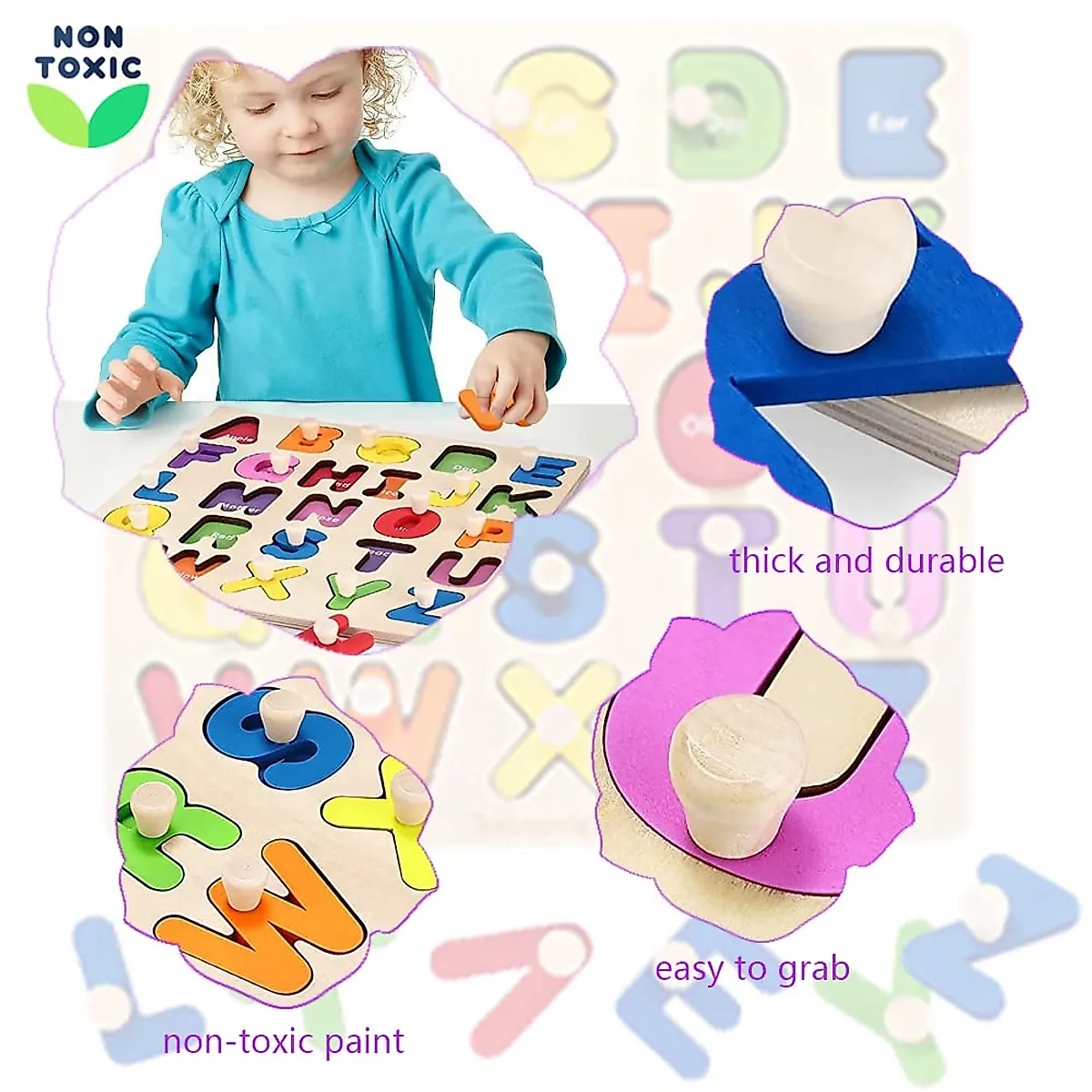 Alphabet Puzzle Wooden Puzzles with Board Knob for Toddlers 1 2 3 4 5 Year Old ABC Puzzle Shape Alphabet Learning Puzzles Toy, Great Preschool Gifts for Girls and Boys