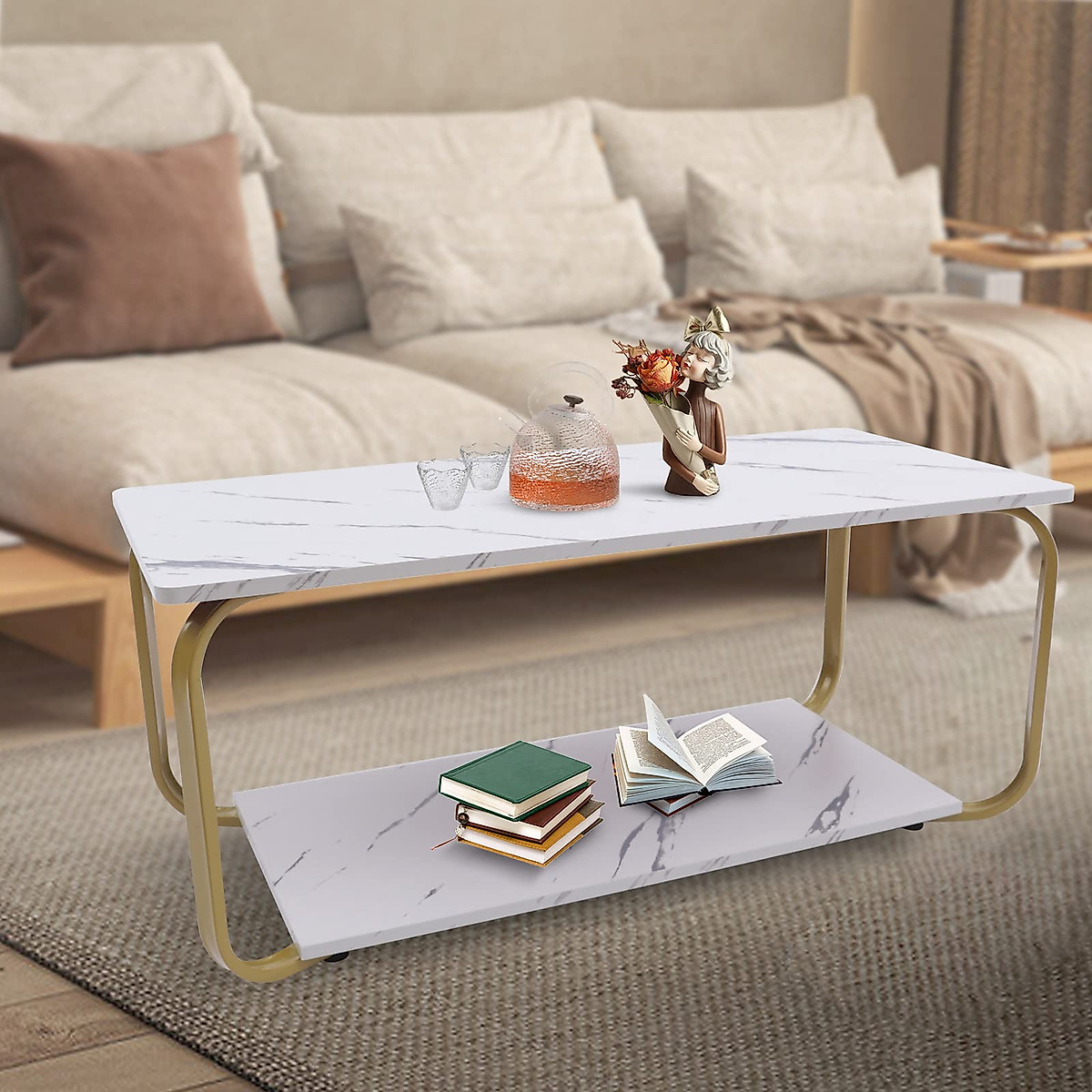 Rectangular Coffee Table for Living Room, 39.4" Faux White Marble Coffee Table with Storage Shelf, 2-Tier Modern Center Table with White Faux Marble Tabletop, Gold Metal Frame