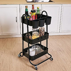 IAMFAN 3-Tier Metal Rolling Utility Cart,Storage Carts with Handle and Lockable Wheels,Art Cart Organizer,Craft Cart,Roller Cart for Office,Bedroom,Living Room,Kitchen,Bathroom,Black