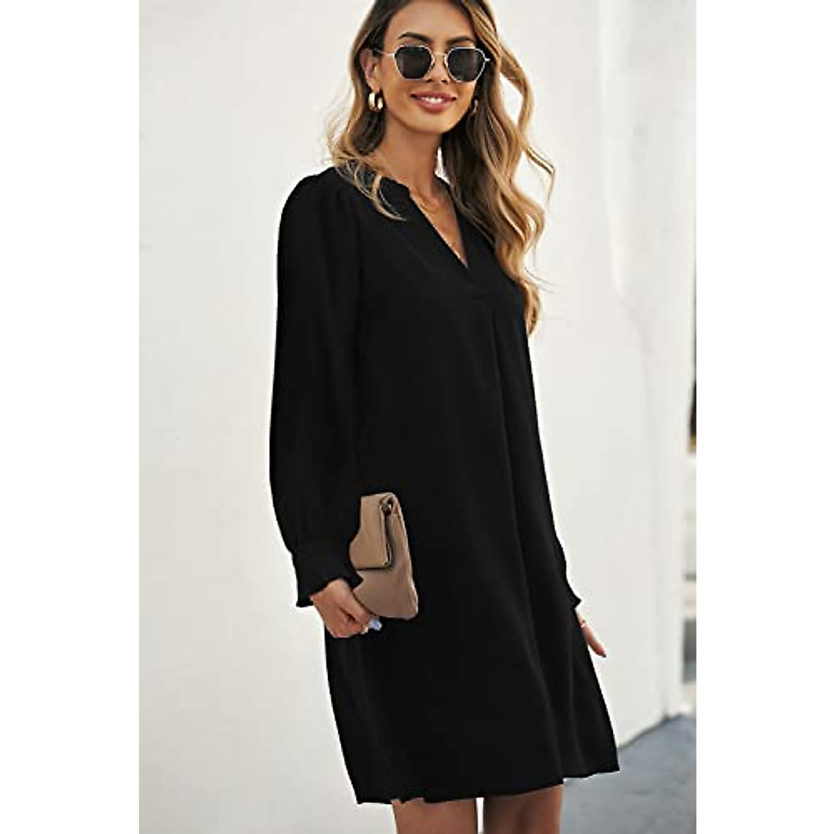 MARZXIN Casual 2025 Mini Dresses for Women Split V Neck Ruffled Sleeves Shirt Dress Long Sleeve Fall Formal Dresses Black L
