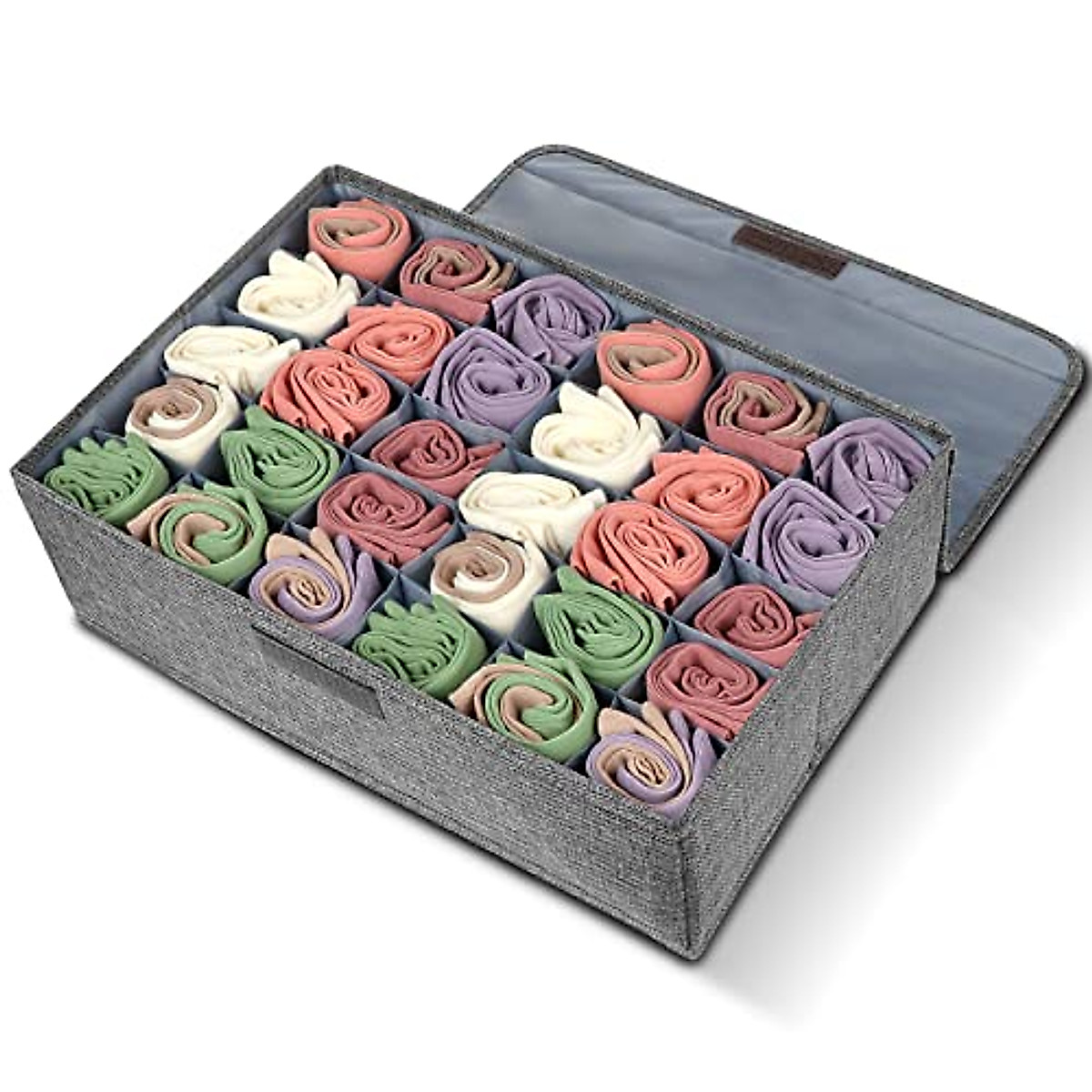 Hyttrolly 30 Cells Underwear Sock Scarf Tie Drawer Organizer, with Lid Washable Foldable and Durable Fabric, Perfect for Underwear Sock Tie Lingerie Storage and More, Get Organized Today!