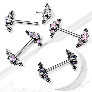 Pierced Owl 14G Implant Grade Titanium Threadless Push-in Triple CZ Crystal and Ball Clusters Nipple Barbells, Sold as a Pair (Aurora Borealis)