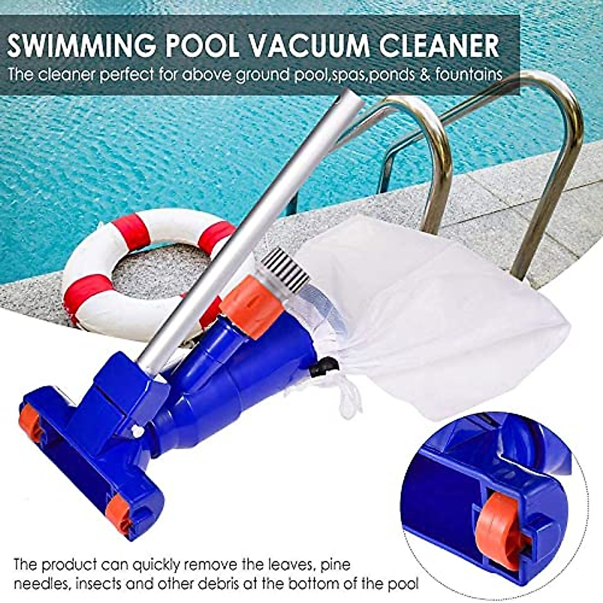 vhshppy Pool Cleaner Set, Portable Swimming Pool Fountain_Vacuum Brush Cleaner Cleaning Tool with Universal Fit Handle - Can be Attached to Garden Hose, Pool Cleaners Kit (Blue)