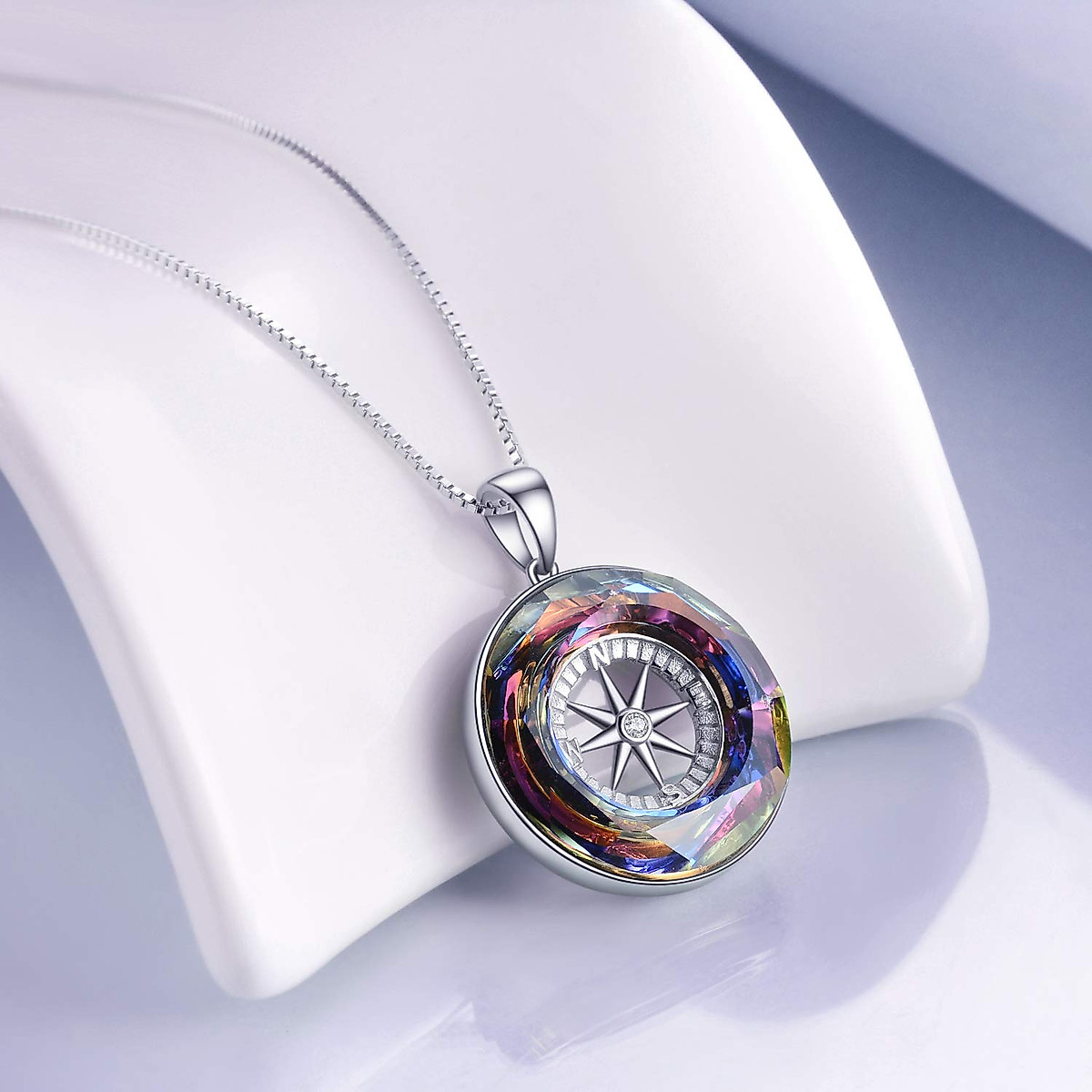 AOBOCO Compass Necklace Sterling Silver Circle Pendant Necklace with Color-Changed Crystal, Graduation Jewelry Gift for Women