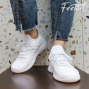 Feethit Womens Slip On Walking Shoes Non Slip Running Shoes Breathable Workout Shoes Lightweight Gym Sneakers White Size 7