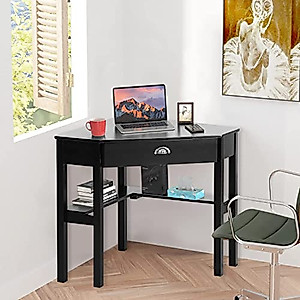 Corner Desk Corner Computer Desk with Drawer for Small Space Makeup Vanity Desk 90 Degrees Triangle Corner Desk with Storage Shelves, Home Office Workstation for Living Room, or Bedroom (Black)