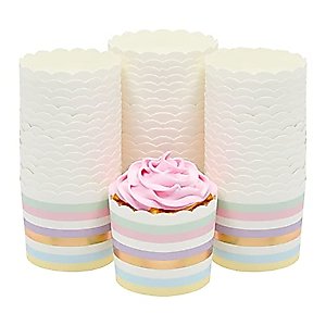 50 Pack Striped Paper Baking Cups, Rainbow Pastel Cupcake Liners for Muffins, Cupcakes, and Desserts for Birthday Parties, Spring Celebrations, and Baby Showers (2.2 In)