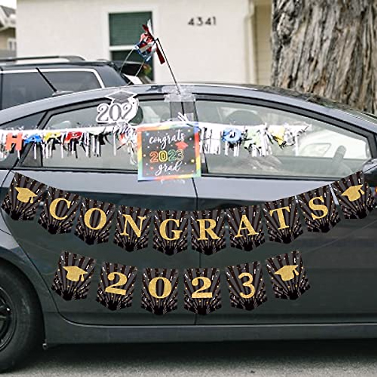Graduation Banner 2023 Personalized Black and Gold - Congrats Grad Bunting Banner 2023 with Gold Pens for Car Home Senior College Graduation Party Decorations