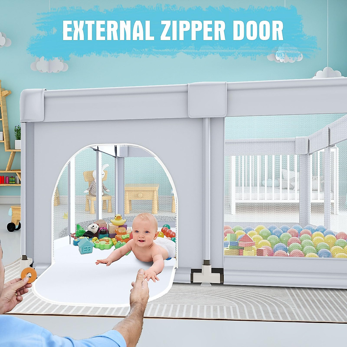 Baby Playpen 74"x50" Play Pens for Babies and Toddlers, Large Play Yards for Indoor & Outdoor with Zipper Gates, Breathable Mesh with Anti-Slip Base