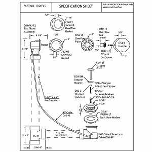 Westbrass D50P45-01 45" Cable Drive Standard Bath Drain Trim Kit with Rotary Overflow Cover Knob, Pop-Up Stopper and SCH. 40 PVC Fittings, Polished Brass