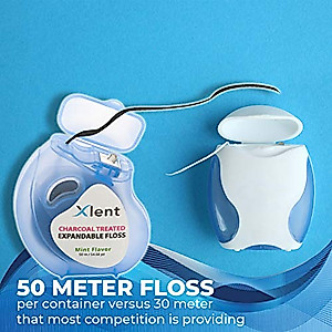 Xlent Expandable Floss Treated Activated Charcoal, Xylitol Natural Based Wax Fresh Mint Flavor | 3 Count (1 50 m Floss Blue Container Plus 2 50 m Refill Bobbins), 3 Count (1 Blister Card+2 Refill)