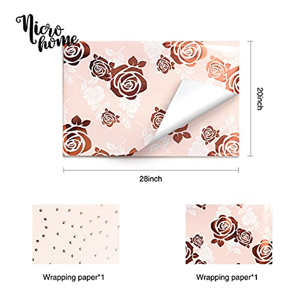 NICROHOME Metallic Rose Gift Wrapping Paper, 2PCS 20 X 28 Inch Pink Tissue Paper for Packaging, Floral Wrapping Paper with Modern Gold Polka Dot for Wedding, Birthday, DIY Craft