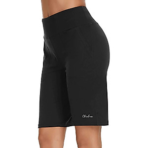 ChinFun Women's 10" High Waist Yoga Shorts Bermuda Shorts Athletic RunningWorkout Lounge Shorts with Deep Pockets Black XL