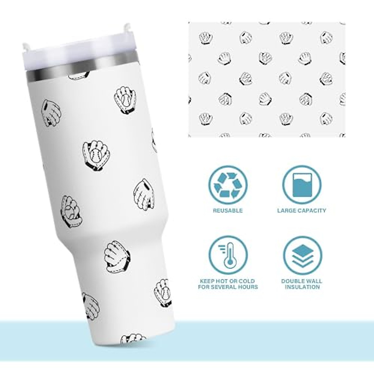 DIGTIA Stainless Steel Insulated Tumbler w/Handle & Straw, Baseball Double Wall Vacuum Travel Coffee Mug Cup w/Lid, Leak-Proof Sports Glove Sport Water Bottle,40oz