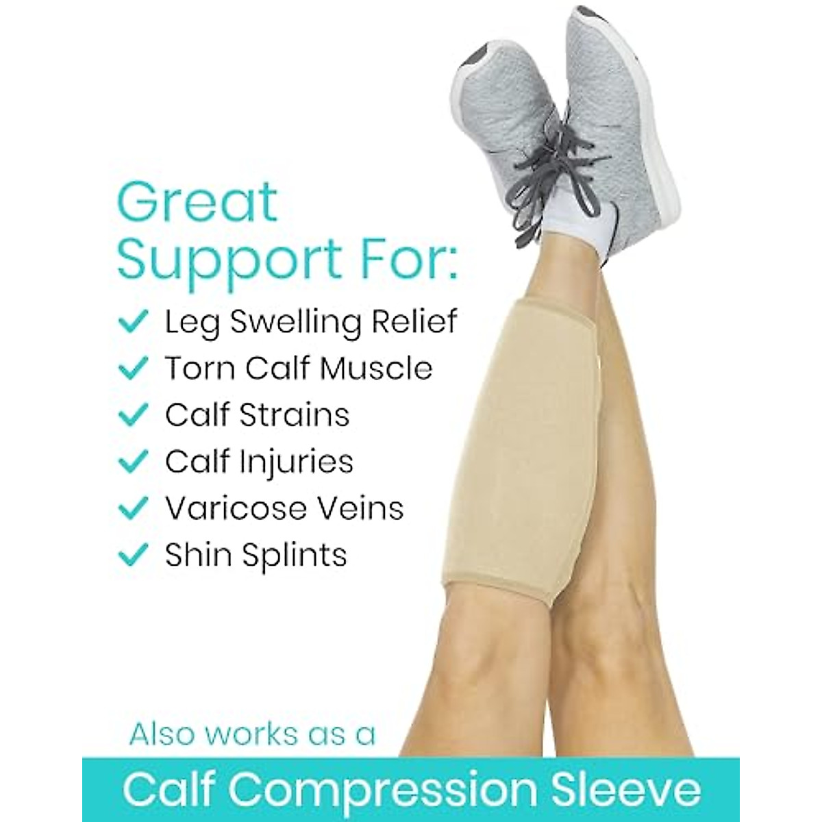 Vive Calf Brace - Adjustable Shin Splint Support - Lower Leg Compression Wrap Increases Circulation, Reduces Muscle Swelling - Calf Sleeve for Men and Women - Pain Relief (Beige)