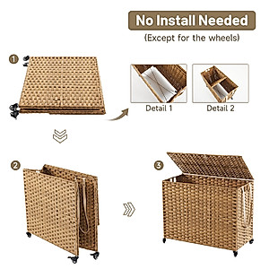 Laundry Hamper with Wheels, 52.8 Gallon(200L) Rolling Laundry Basket with Lid, 3-Section Rattan Clothes Hamper with 3 Removable Liner & 3 Mesh Laundry Bags, Laundry Sorter with Side Pocket, Natural
