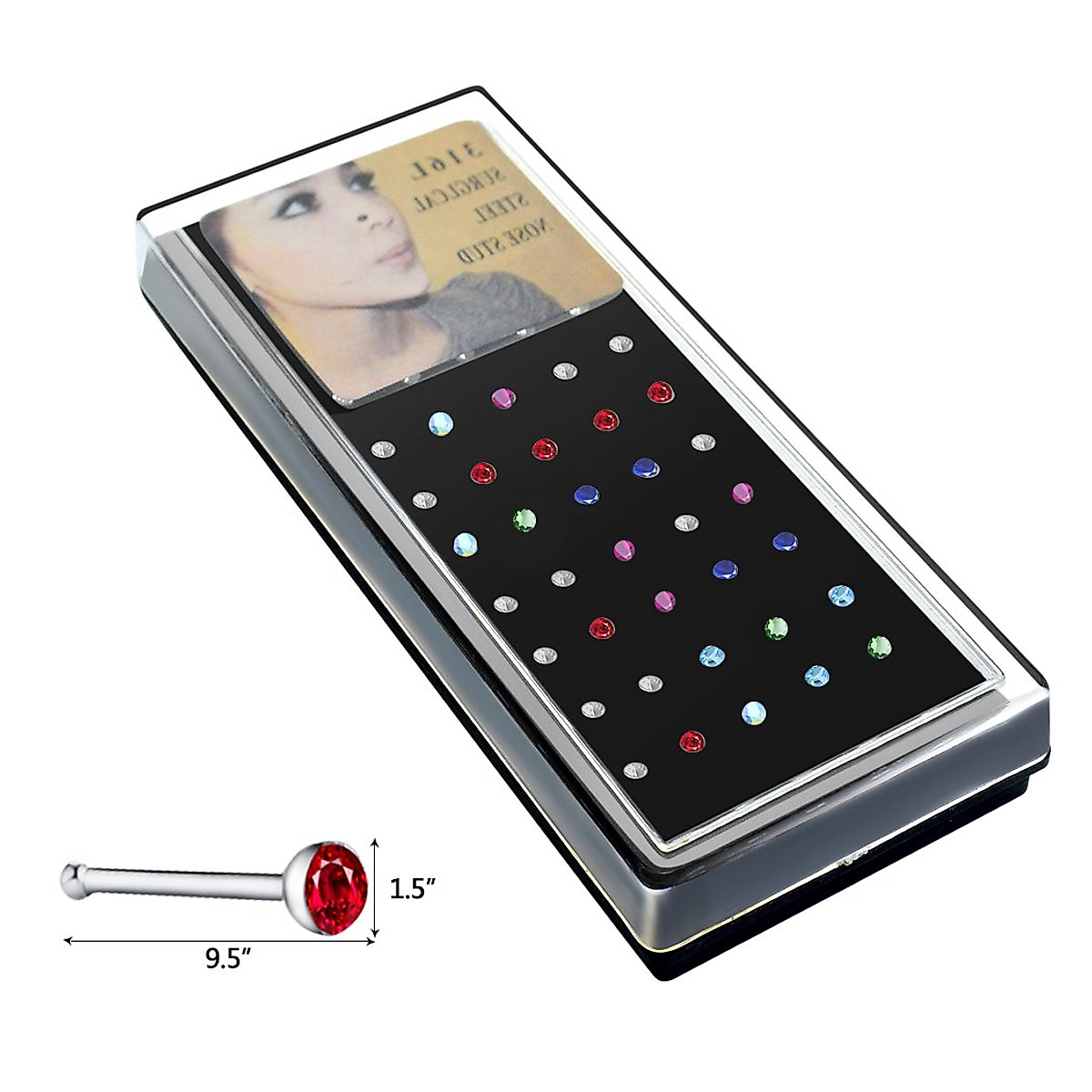 cnomg 2 Sets 120 pcs Stainless Steel Nose Ring Body Piercing Jewelry Nose Bone Stud Nose Hoop Crystal Hypoallergenic White+Multicolor