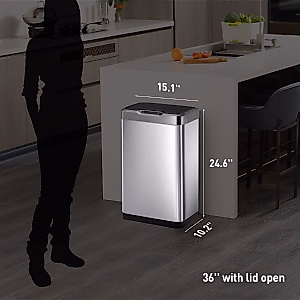 EKO Mirage-T 50 Liter / 13.2 Gallon Touchless Rectangular Motion Sensor Trash Can, Brushed Stainless Steel Finish